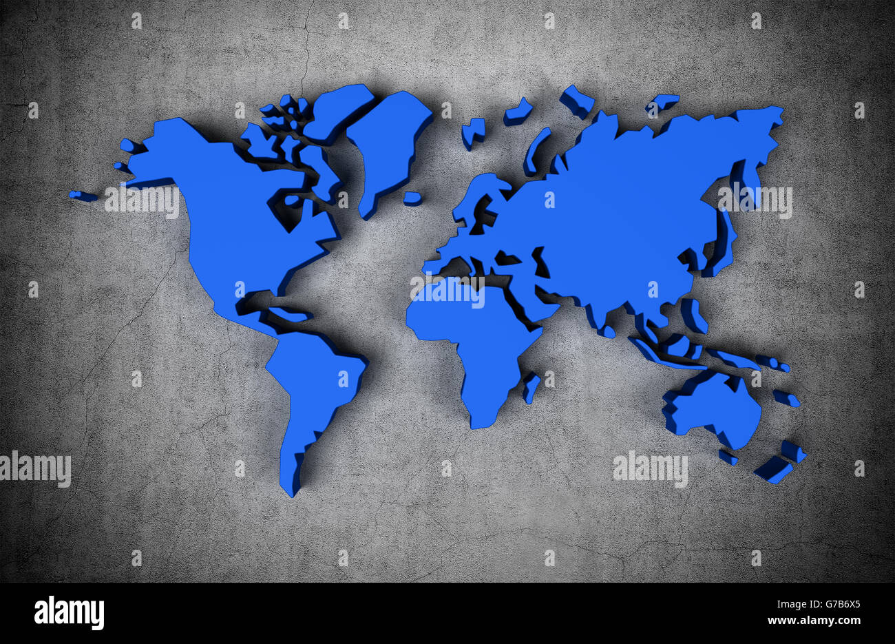 3d render blue world map on a concrete wall Stock Photo - Alamy