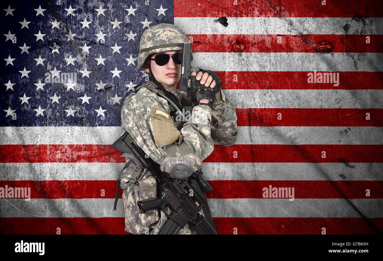 soldier with rifle and gun on a american flag background Stock Photo ...