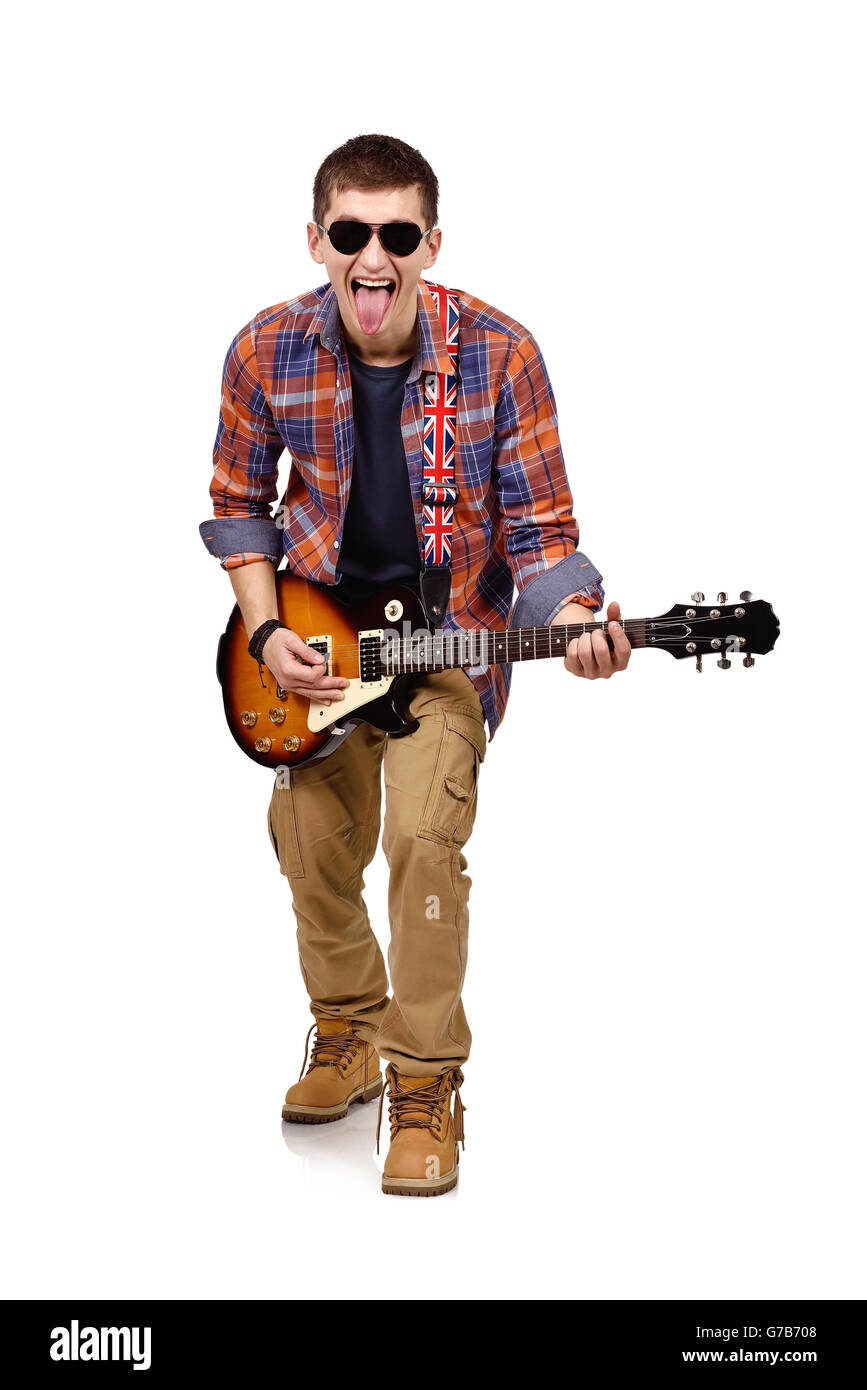 Happy rocker musician is playing electrical guitar Stock Photo - Alamy