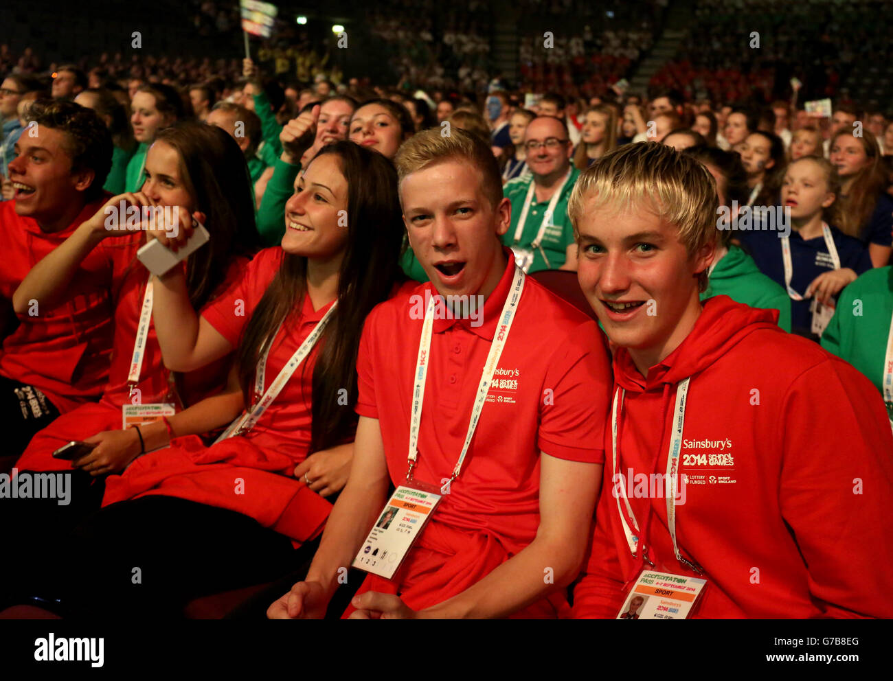 Welsh athletes watch the Opening Ceremony at the Phones 4u Arena during ...