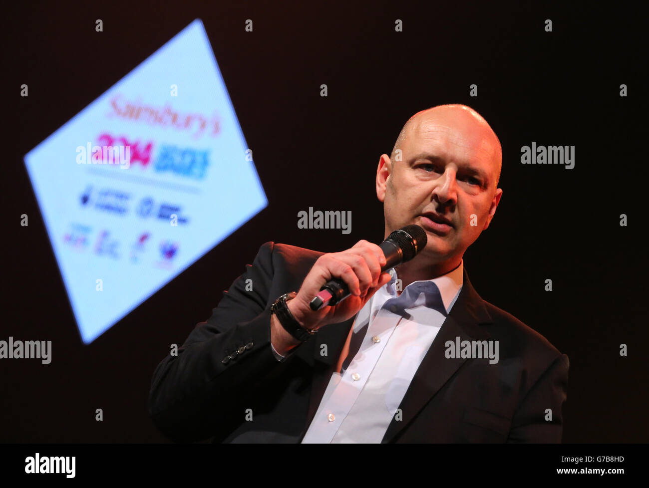 Presenter on stage opening ceremony arena sainsburys school games hi ...