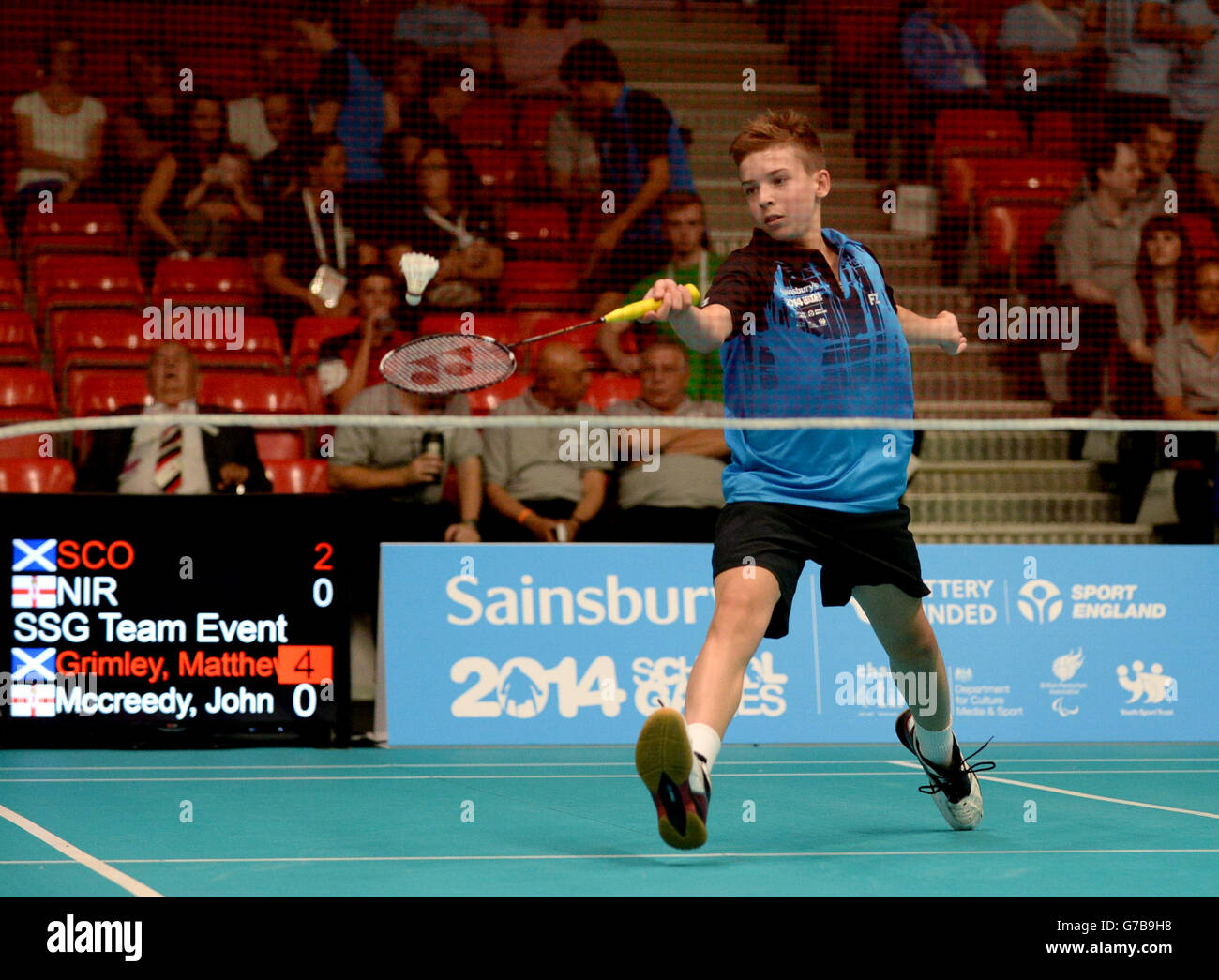 Scotland's Matthew Grimley competes in the badminton during the ...