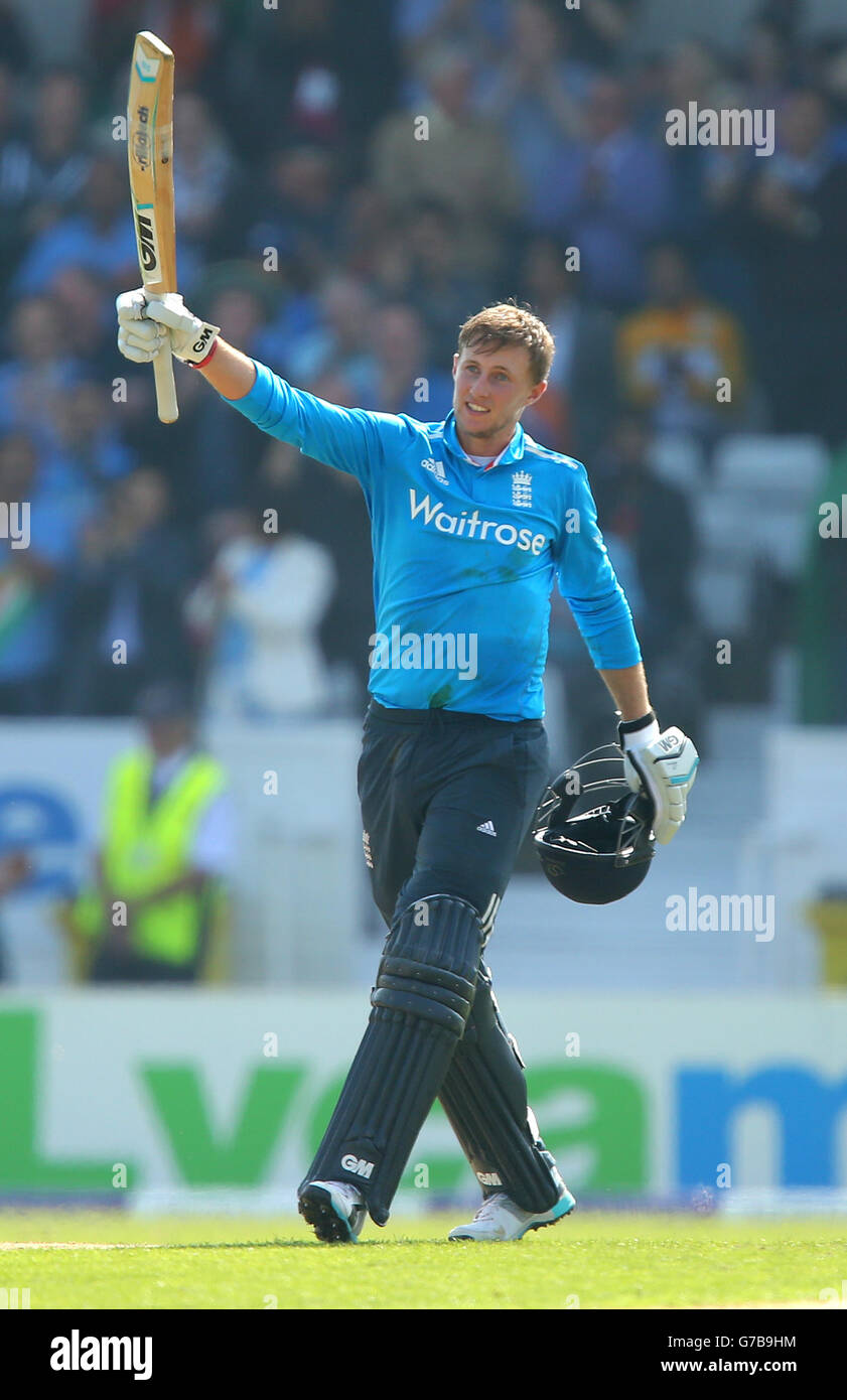 England's Joe Root celebrates reaching his century during the fifth ODI ...