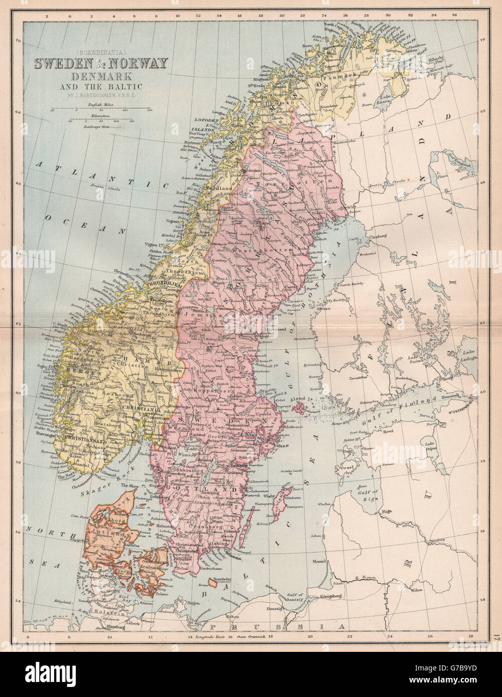 SCANDINAVIA. Sweden Norway Denmark Baltic. Railways. BARTHOLOMEW, 1878 ...