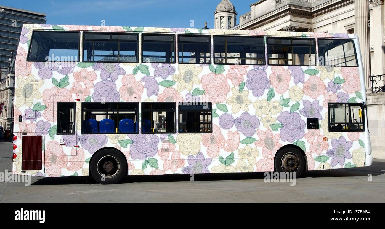 A bus designed by Ben de Lisi in Trafalgar Square, central London ...