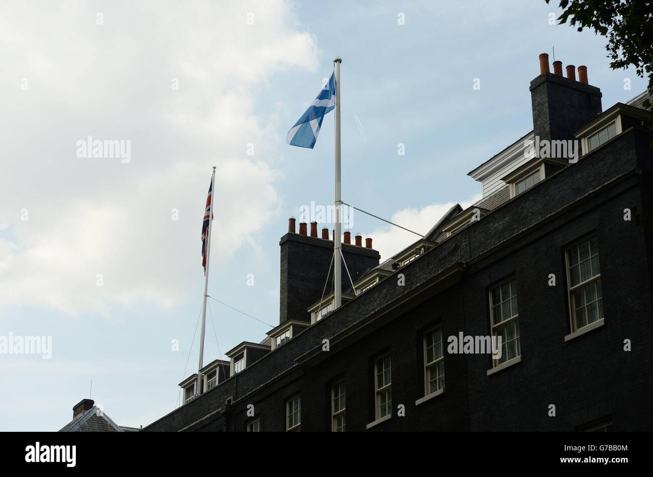 The Saltire flag is flown over 10 Downing Street in central London, the ...