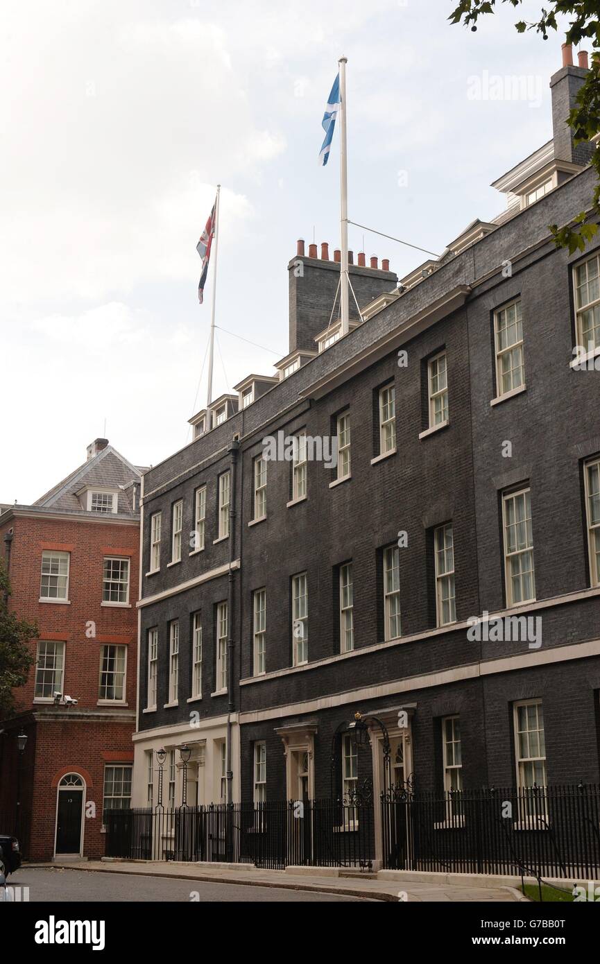 The Saltire flag is flown over 10 Downing Street in central London, the ...