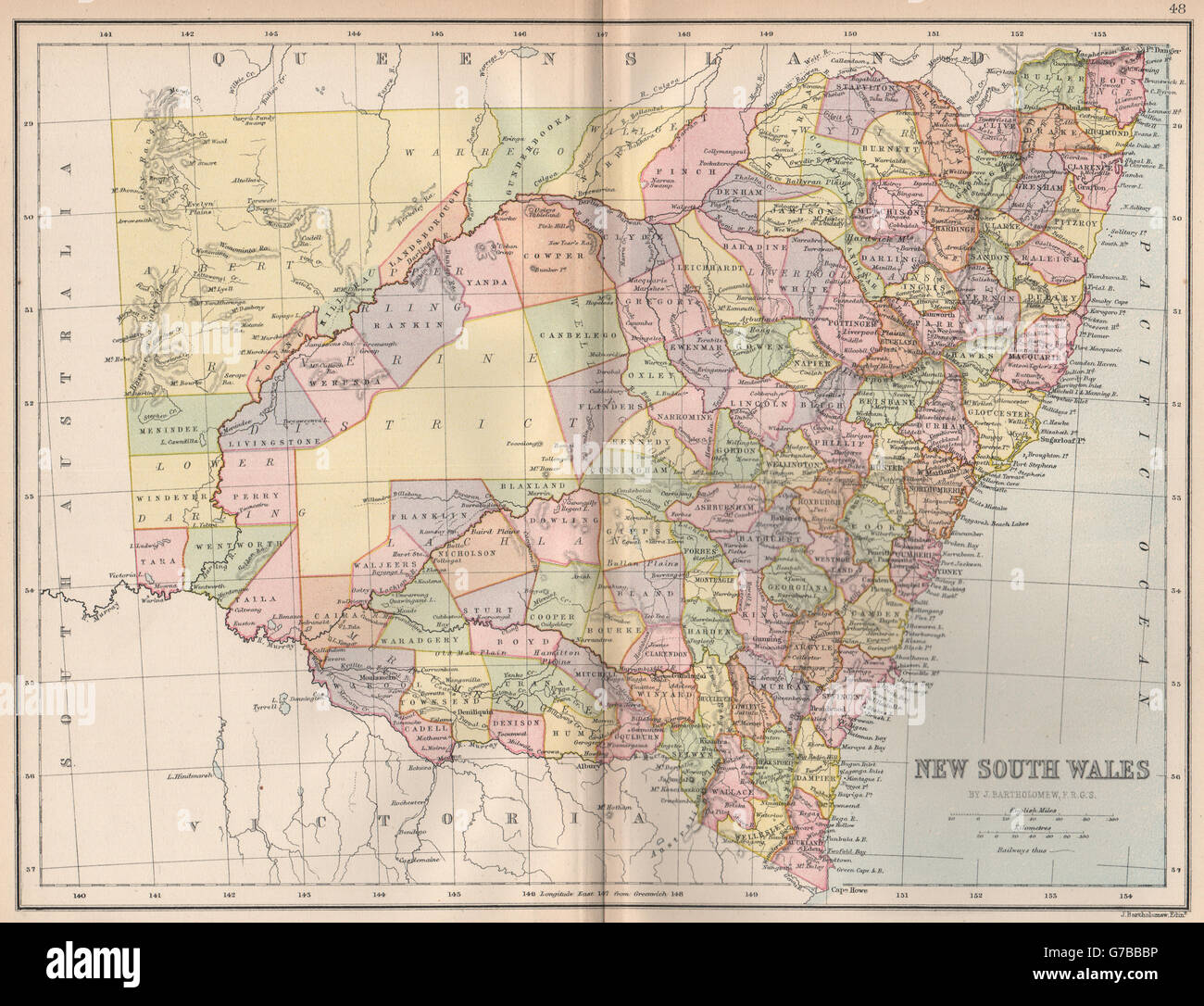 NEW SOUTH WALES. State map. Shows counties/districts/railways ...