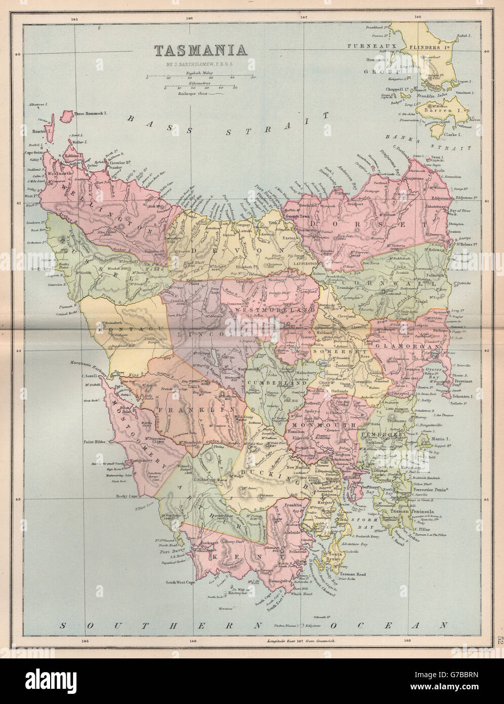 TASMANIA. State map showing counties & railways. Australia. BARTHOLOMEW ... TASMANIA. State map showing counties & railways. Australia. BARTHOLOMEW ...
