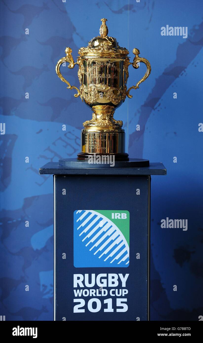 The Webb Ellis Rugby World Cup trophy on display before the Aviva ...