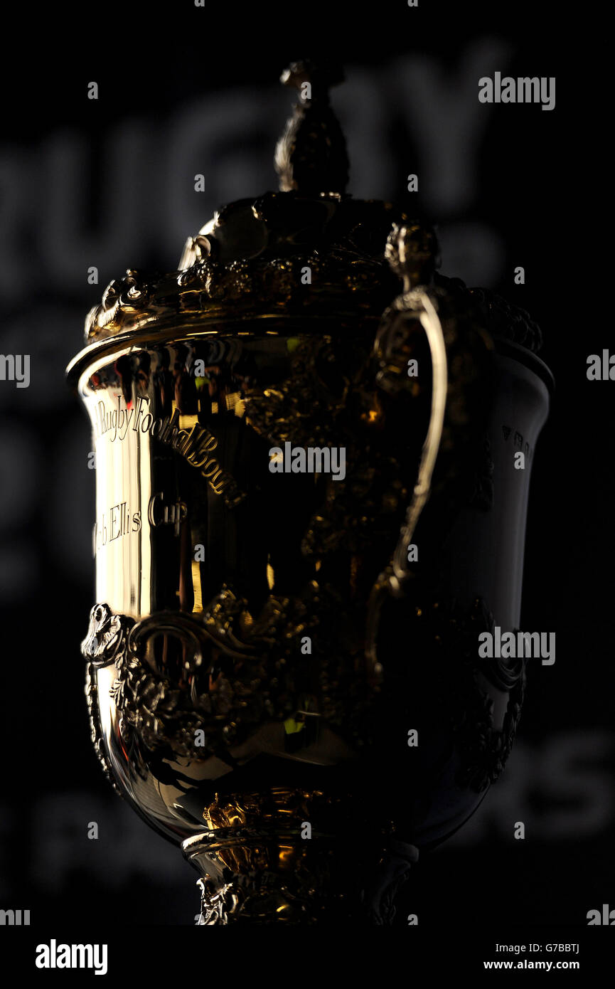 The Webb Ellis Rugby World Cup trophy on display before the Aviva ...