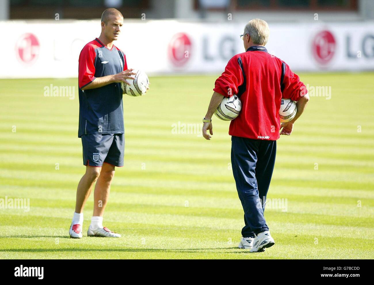 England captain David Beckham and Sven-Goran Eriksson talk during a ...