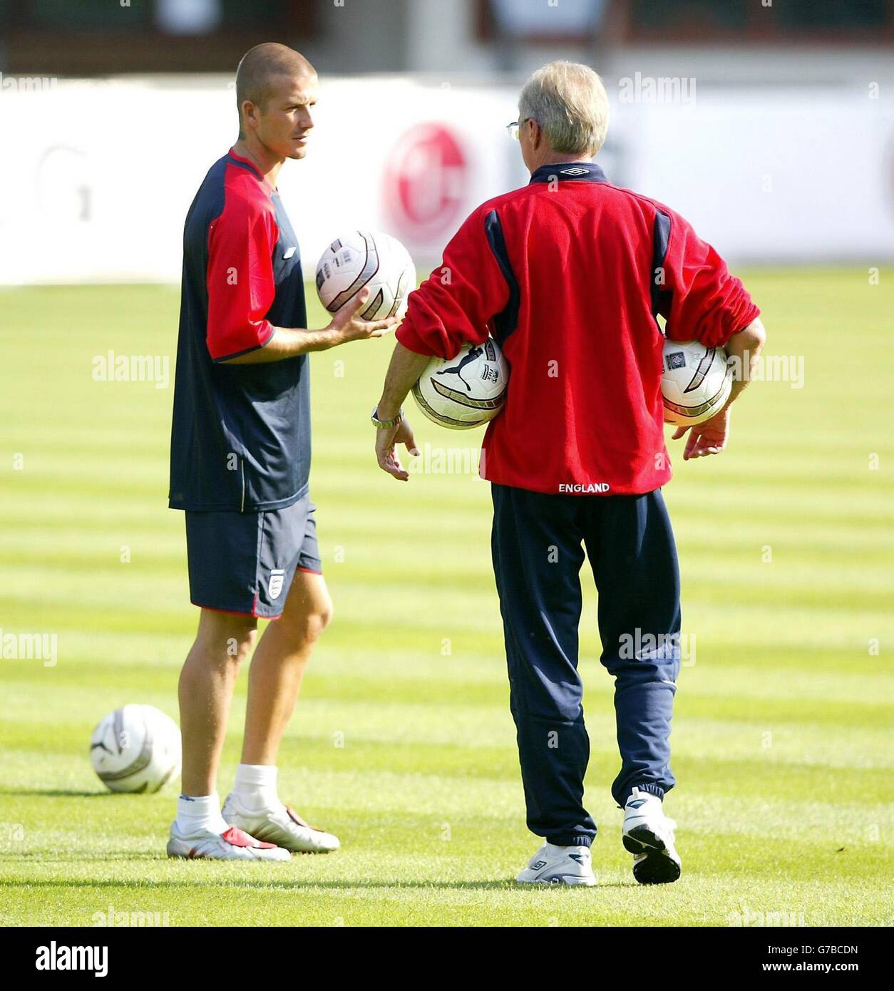 England captain David Beckham and Sven-Goran Eriksson talk during a ...