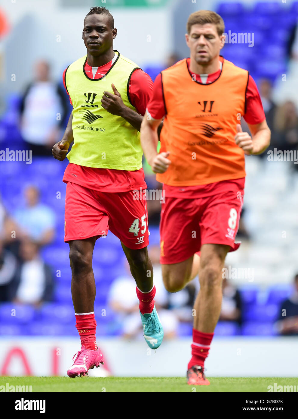 Liverpool's Mario Balotelli (left) and Steven Gerrard warm up before ...