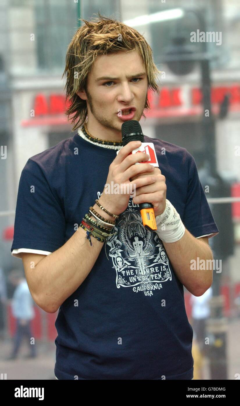 Harry from pop group McFly during their guest appearance on MTV's TRL ...