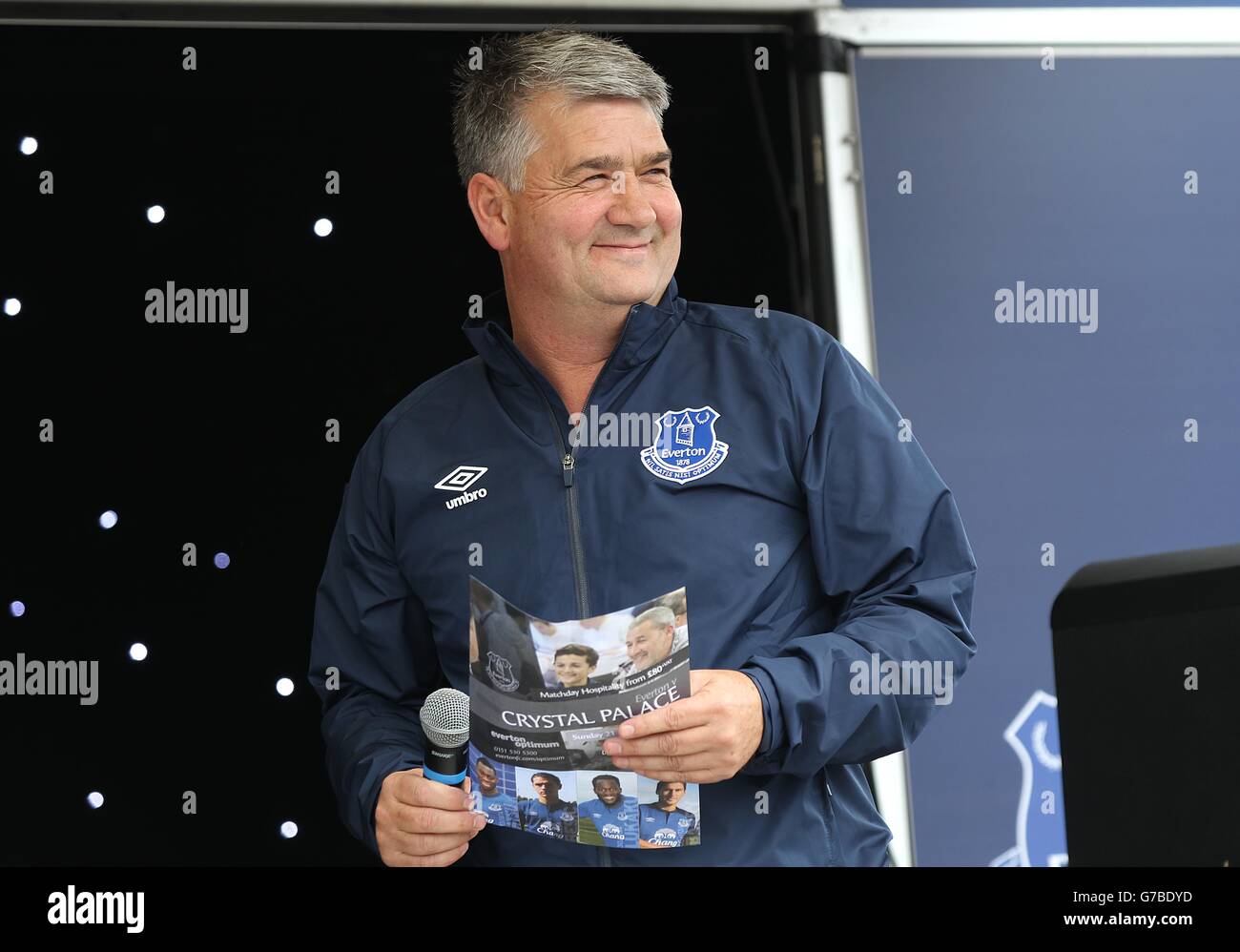 Former Everton player Ian Snodin on stage in the Everton fan zone ...