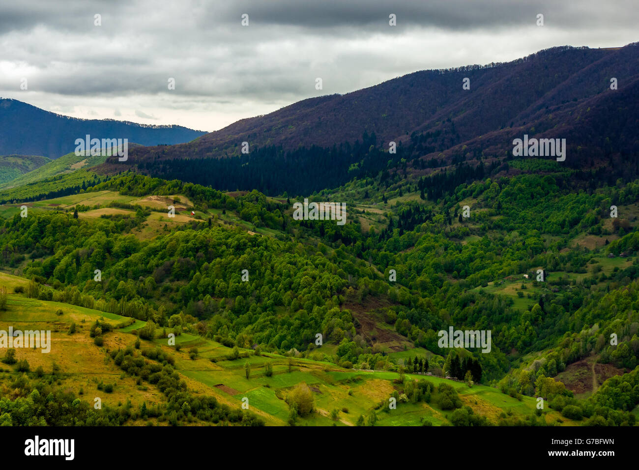 autumn landscape. village on the hillside. forest on the mountain light ...