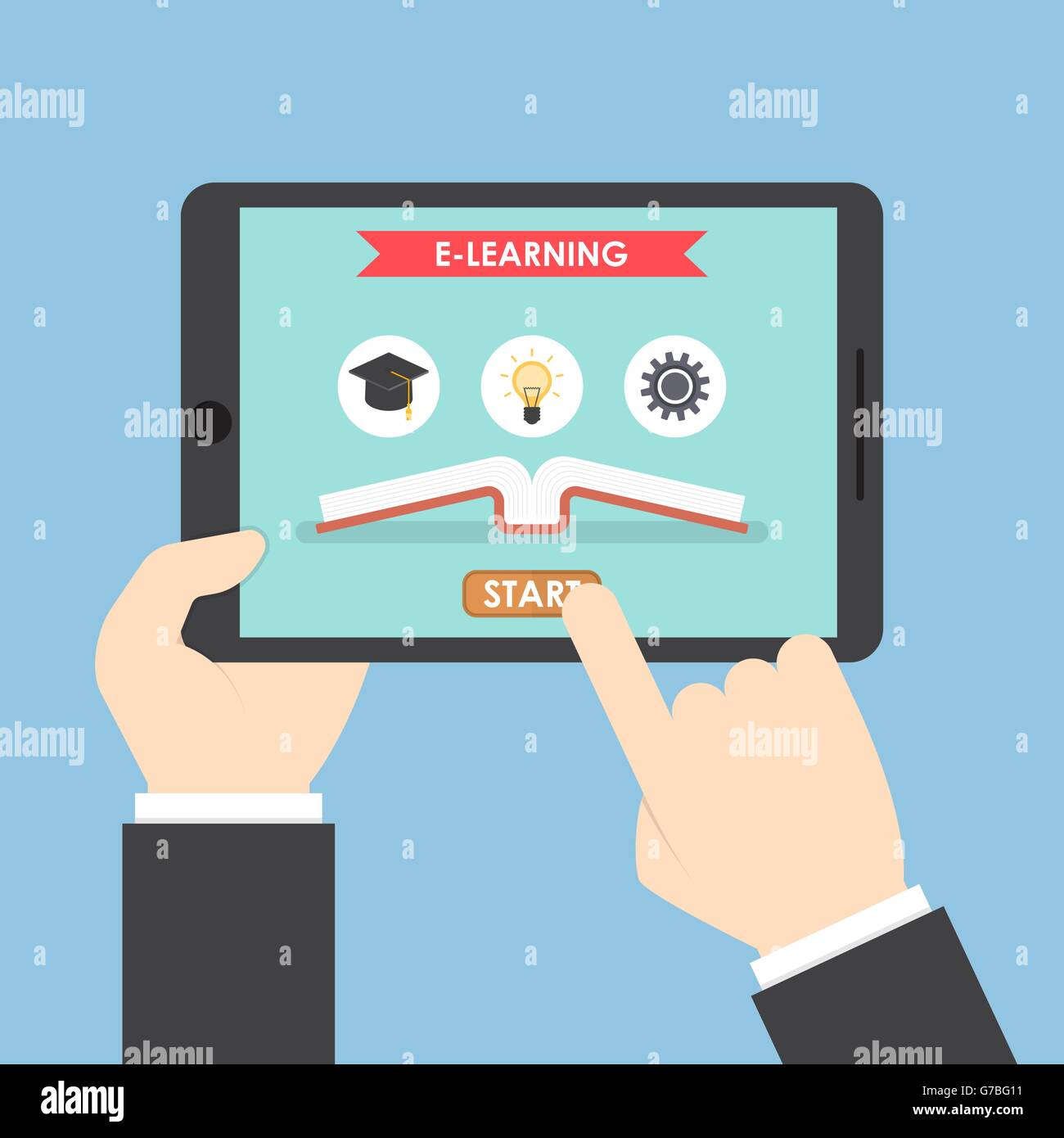 Businessman hands holding tablet computer with e-learning system, E ...