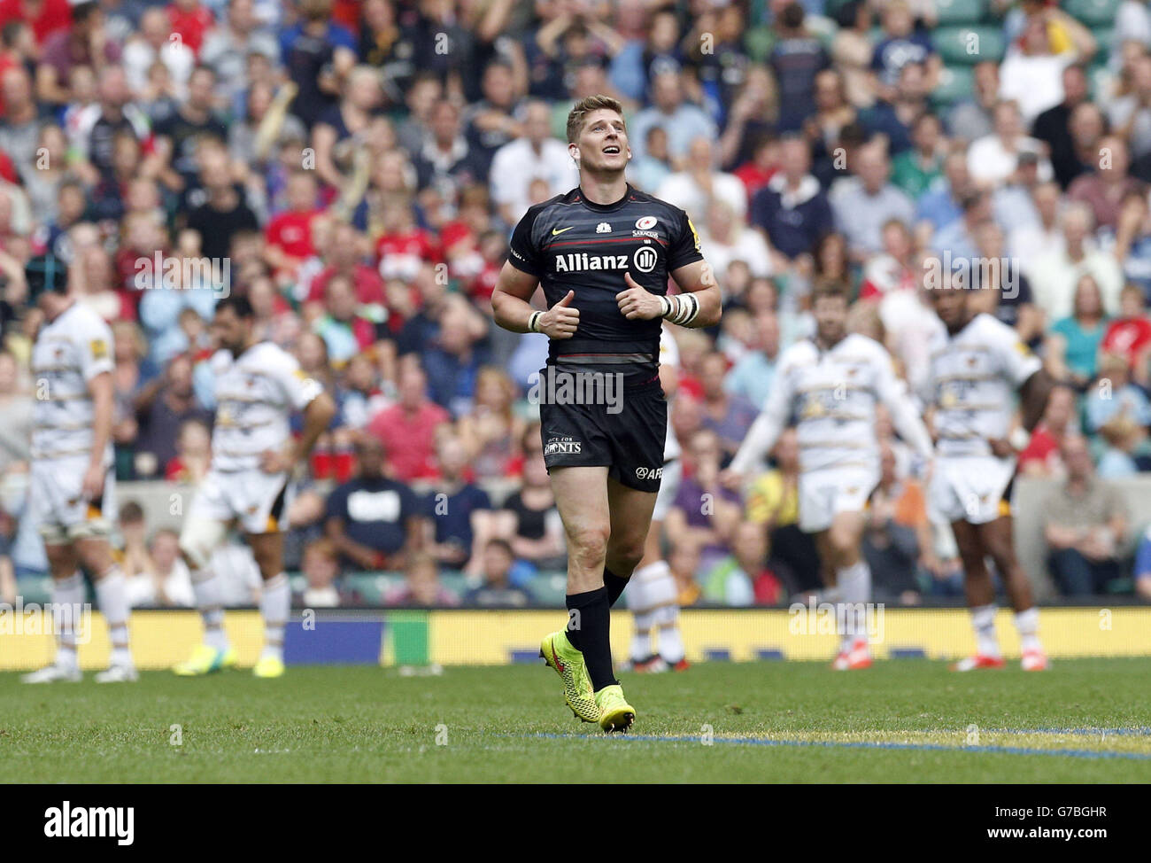 Saracens' David Strettle celebrates scoring the winning try during the ...