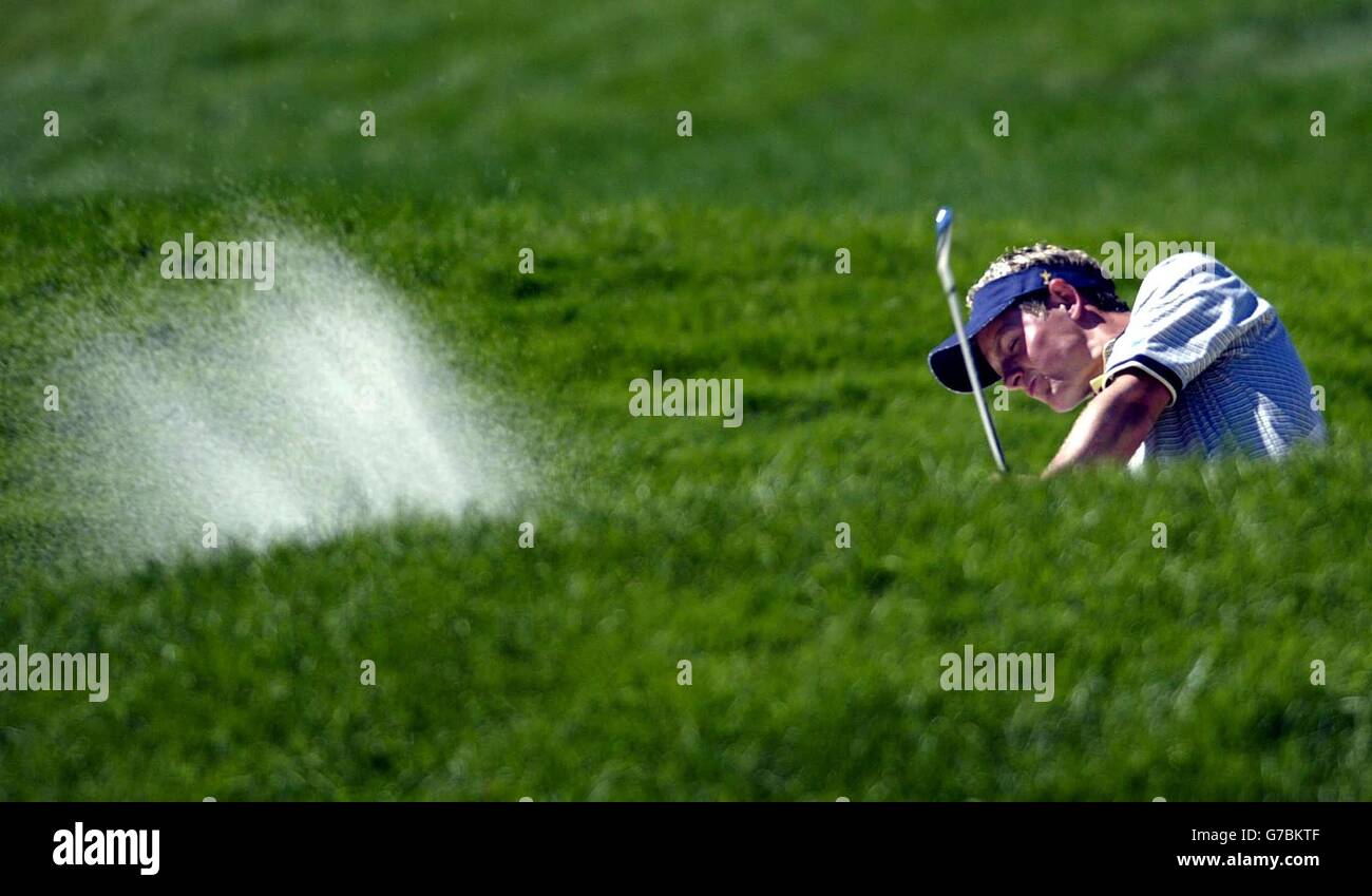 European Ryder Cup rookie Luke Donald plays out of a bunker on the ...