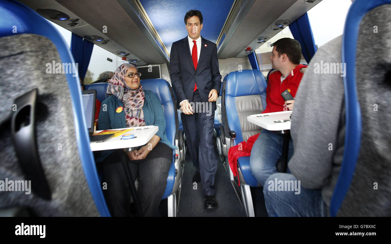 Labour leader Ed Miliband on a Labour campaign bus as he campaigns in ...