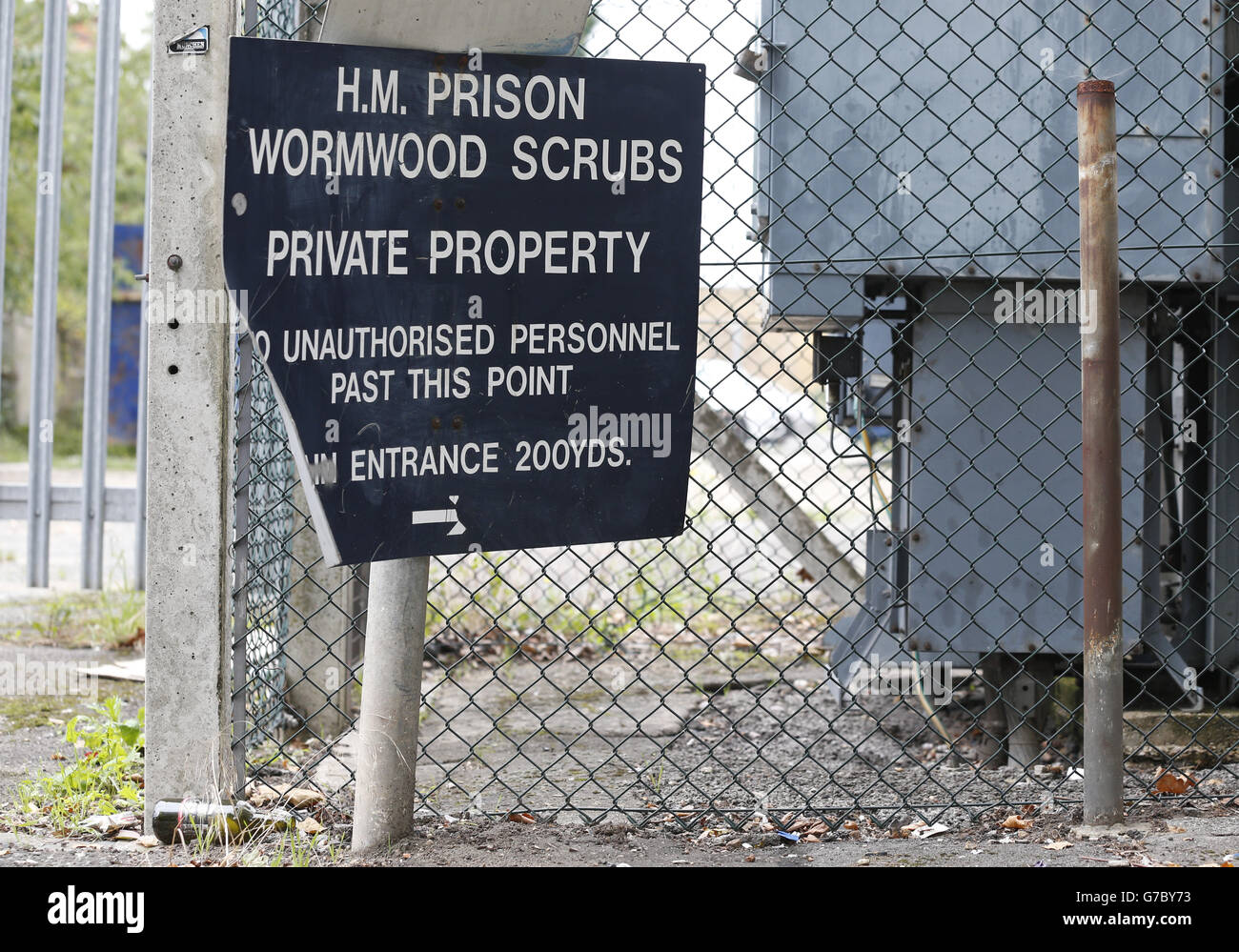 Exterior signage near the entrance to HM Prison Wormwood Scrubs, London ...
