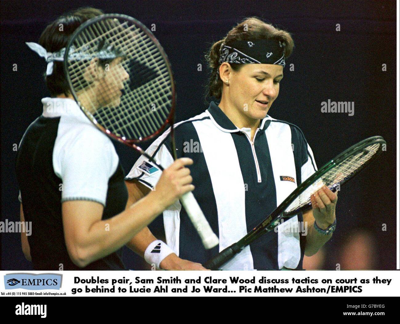 Doubles pair, Sam Smith and Clare Wood discuss tactics on court as they ...