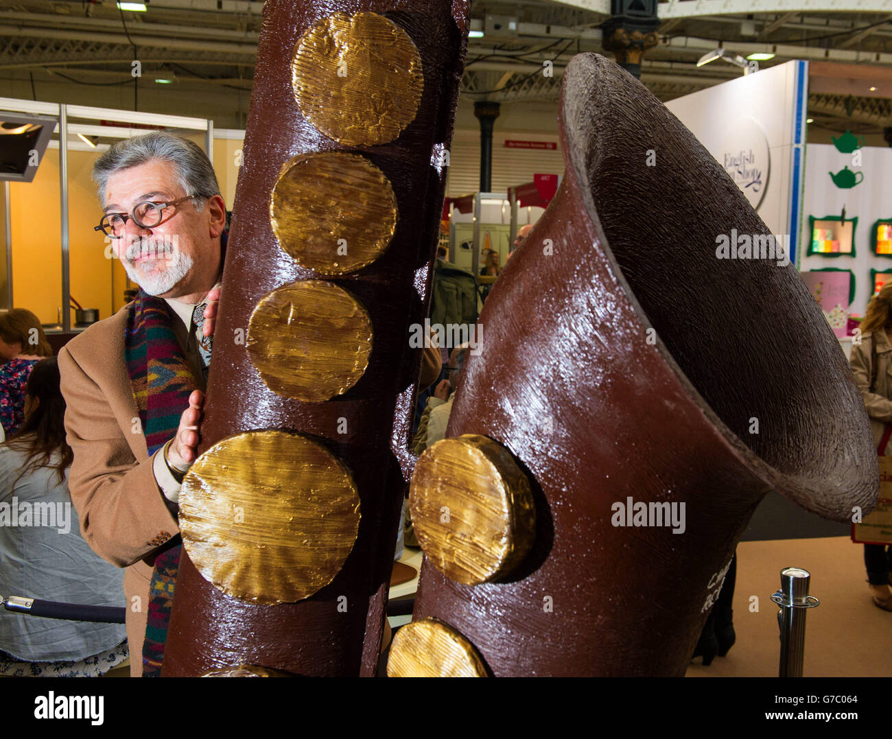 Designer Thierry Spierkel views a giant saxophone made from chocolate ...