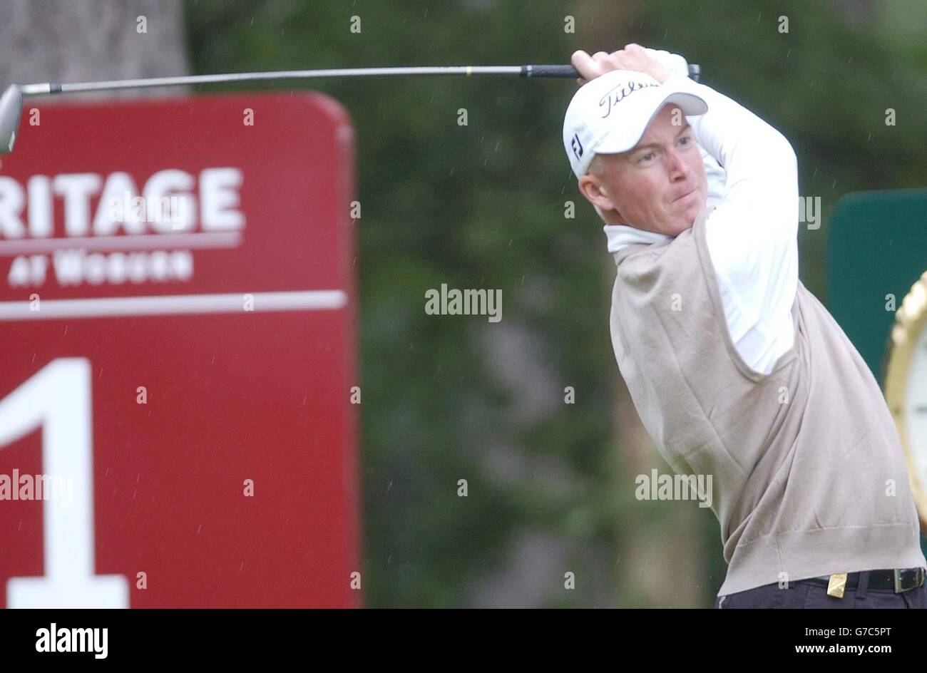 Patrik Sjoland from Sweden hits of the first tee starting the round on ...