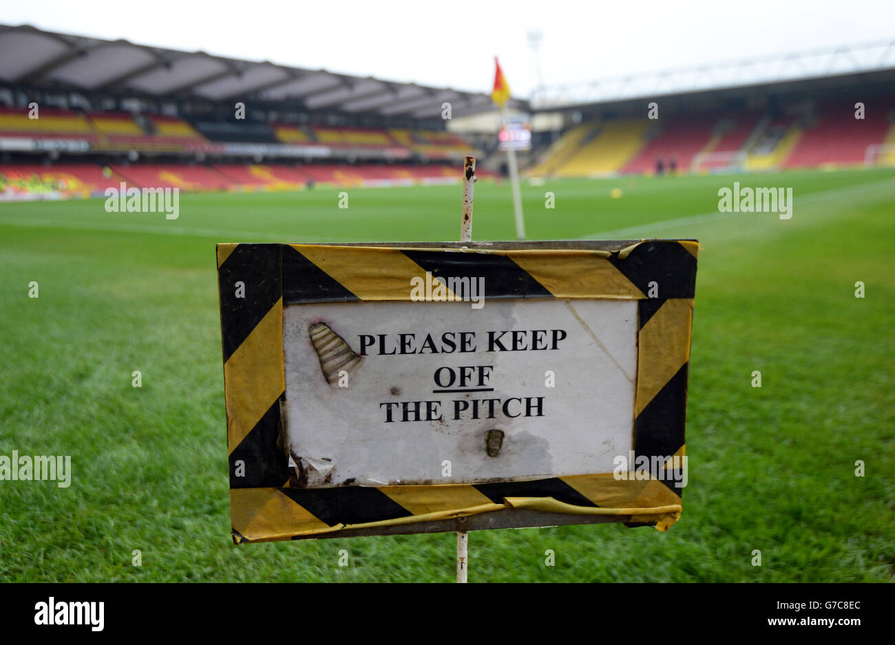 General view of a Please Keep Off The Pitch sign on the pitch at ...