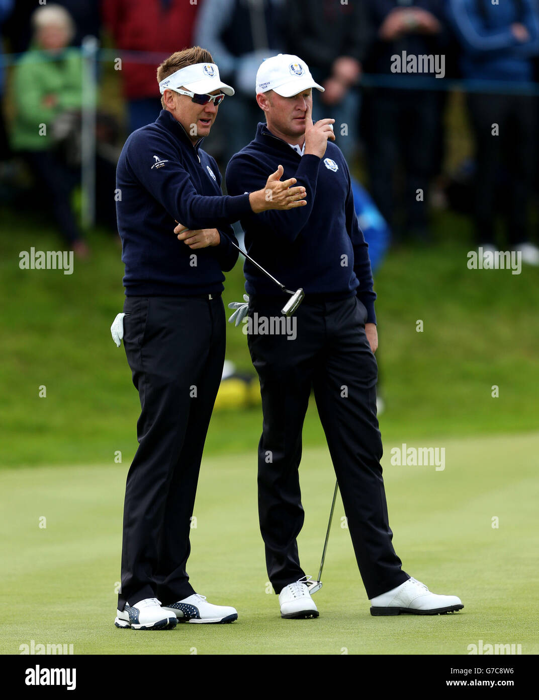 Europe's Ian Poulter (left) and Jamie Donaldson during a practice ...
