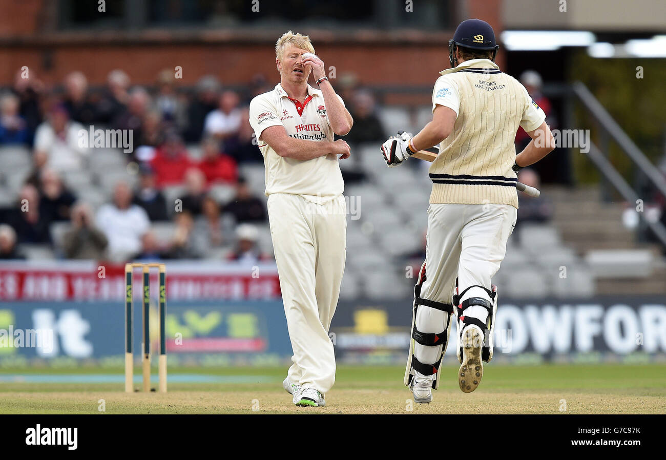 Lancashire's Glen Chapple shows his dejection after a dropped catch ...