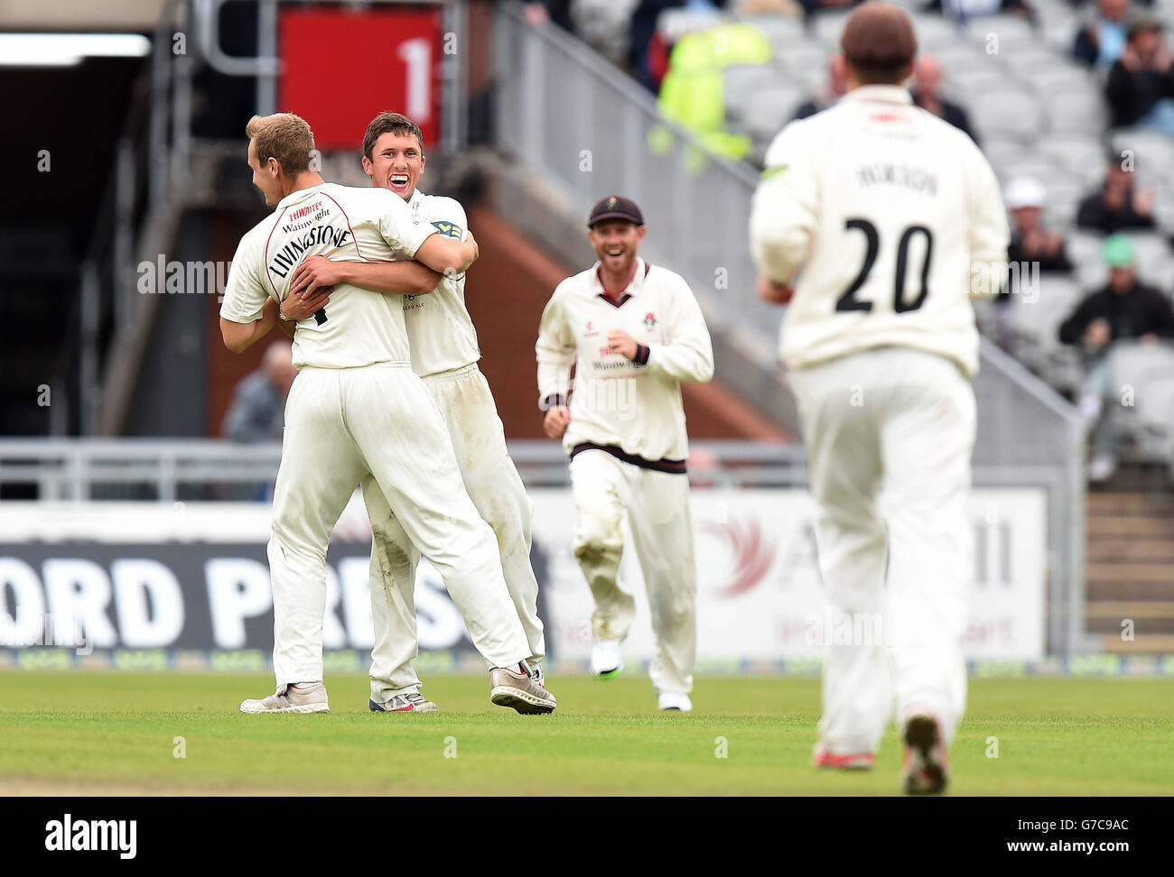 Lancashire's Simon Kerrigan celebrates taking the wicket of Middlesex ...
