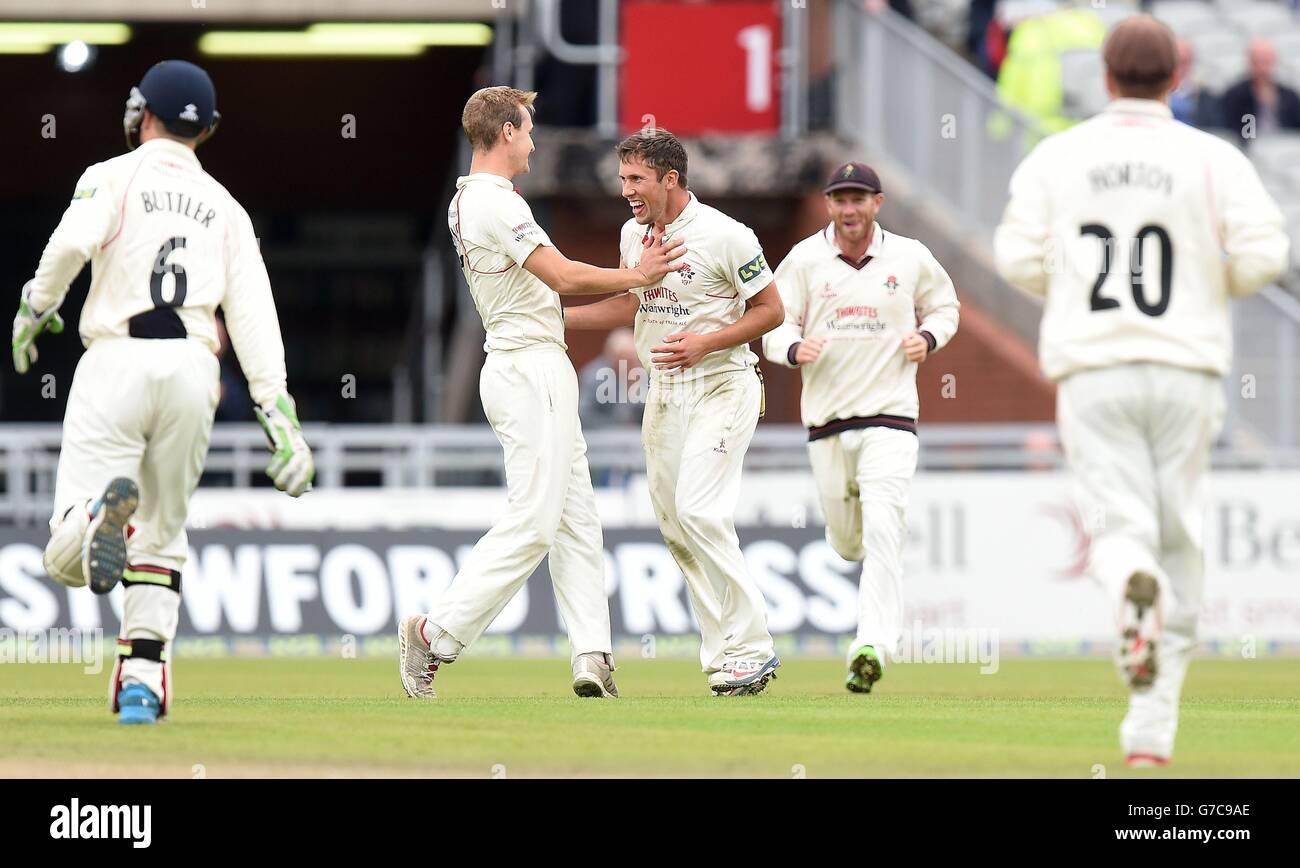 Lancashire's Simon Kerrigan celebrates taking the wicket of Middlesex ...