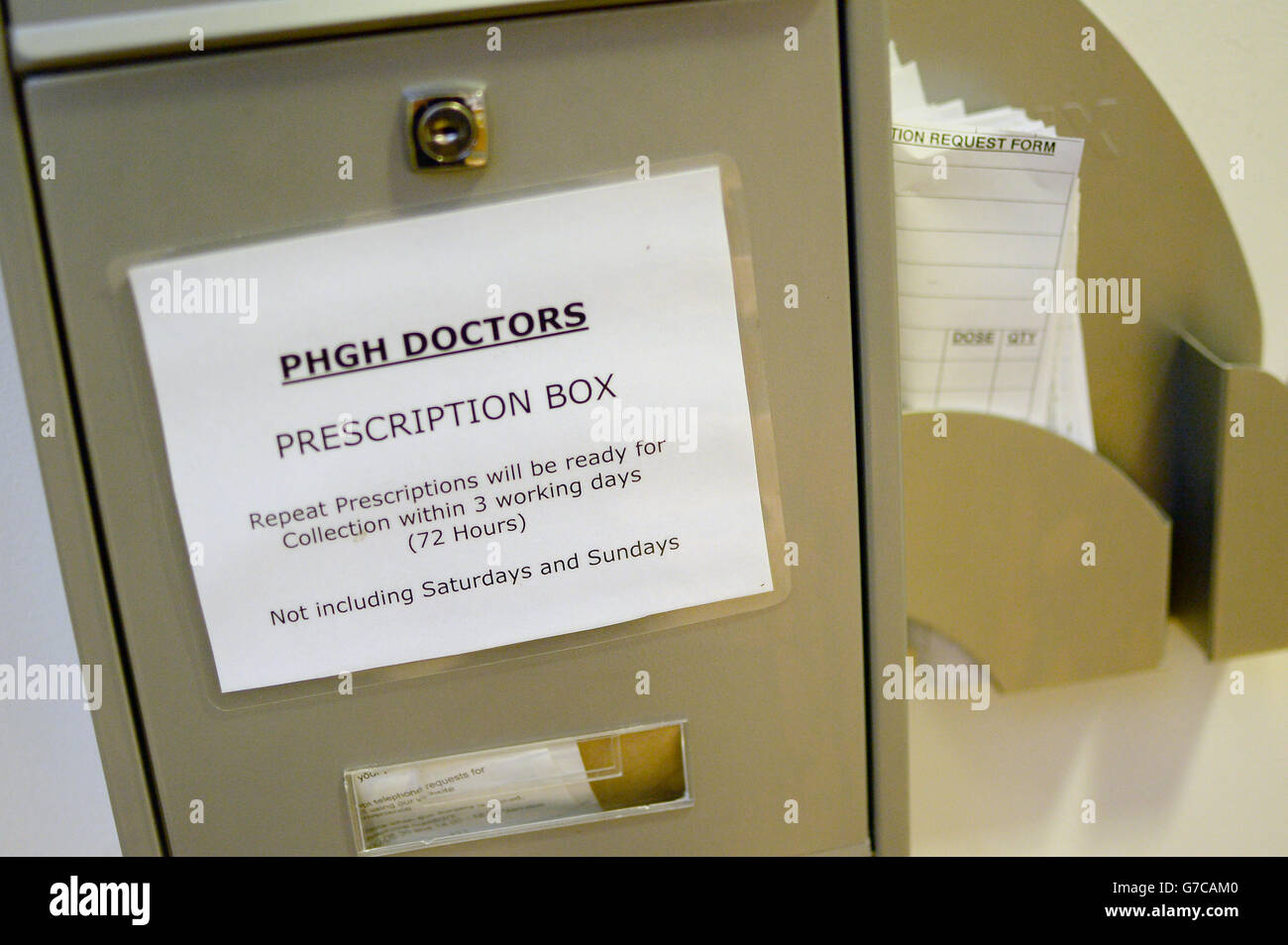 A wall mounted prescription box at the Temple Fortune Health Centre GP ...