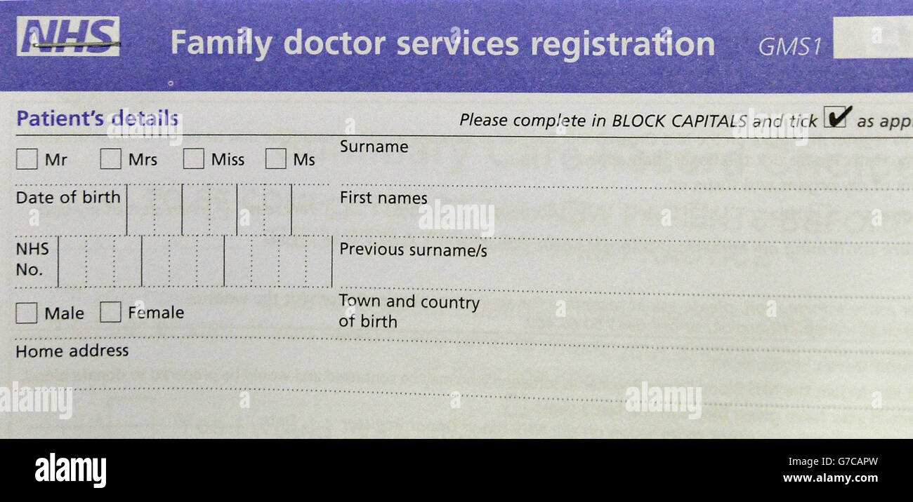 A registration form at the Temple Fortune Health Centre GP Practice ...