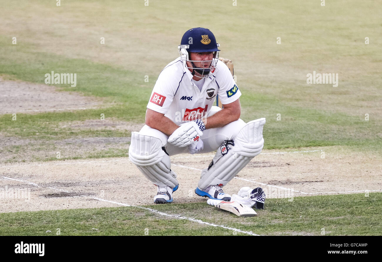 Sussex's Chris Nash holds his wrist after being struck by a ball from ...