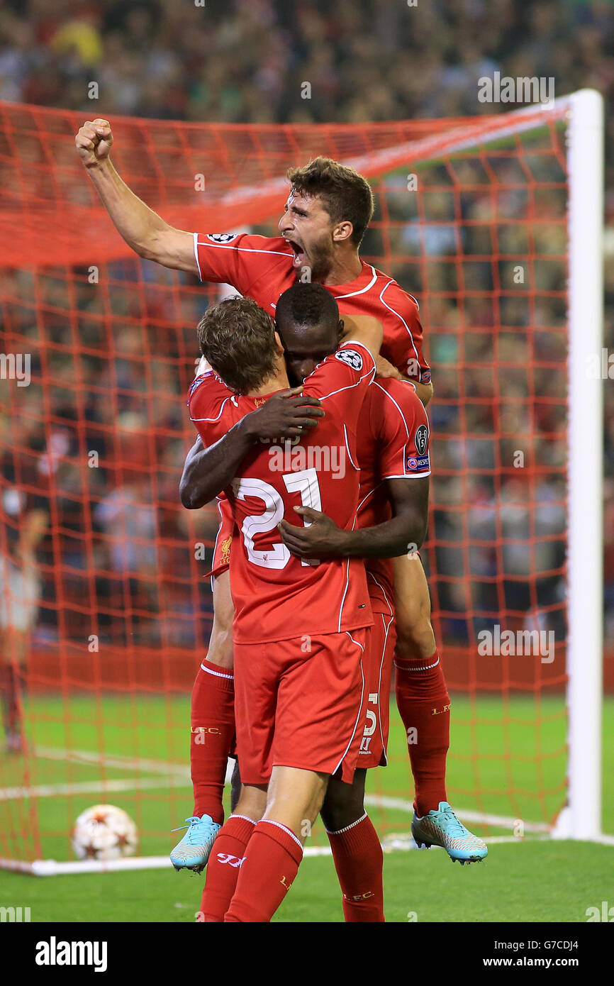 Liverpool's Mario Balotelli celebrates scoring their first goal of the ...