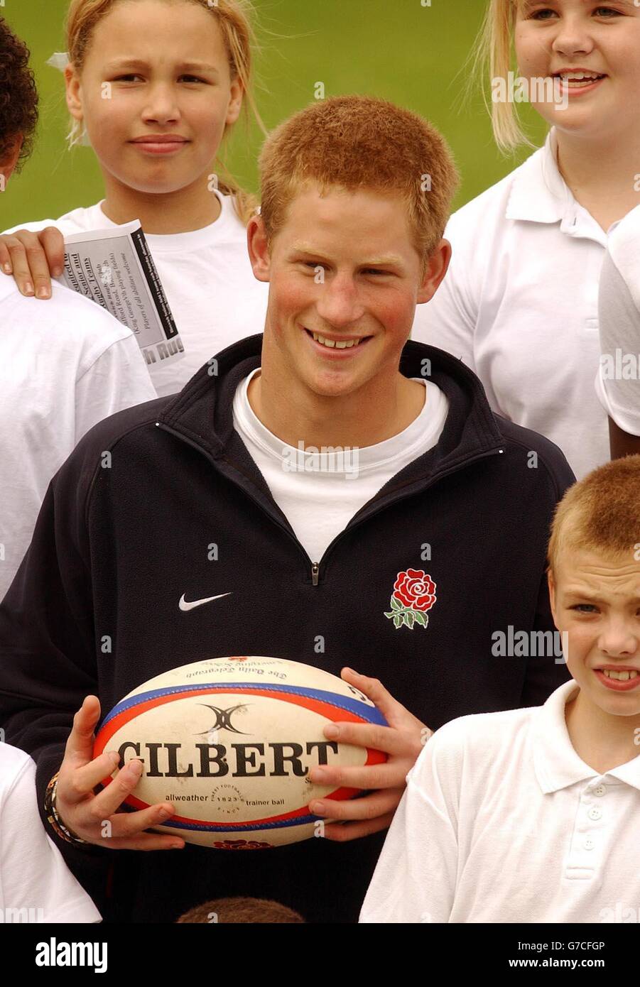 Prince Harry coaching tag rugby, to Year 5 and 6 children at Greenfield ...