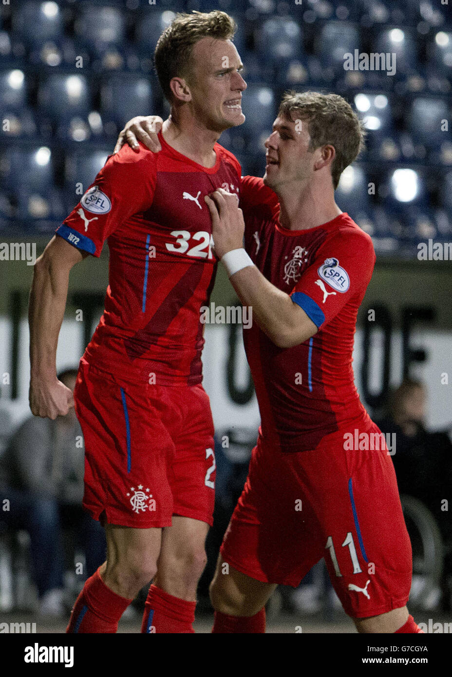 Rangers' Dean Shiels celebrates his goal with team mate David Templeton ...