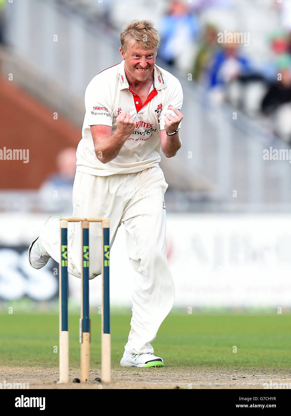 Lancashires Glen Chapple celebrates taking the wicket of Middlesex's ...