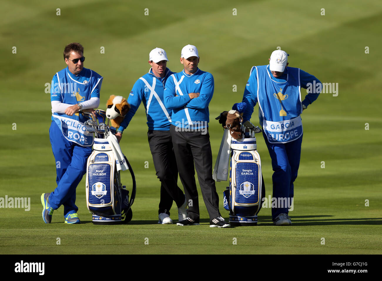 Europe's Rory McIlroy (second from left), his caddy JP Fitzgerald (left ...