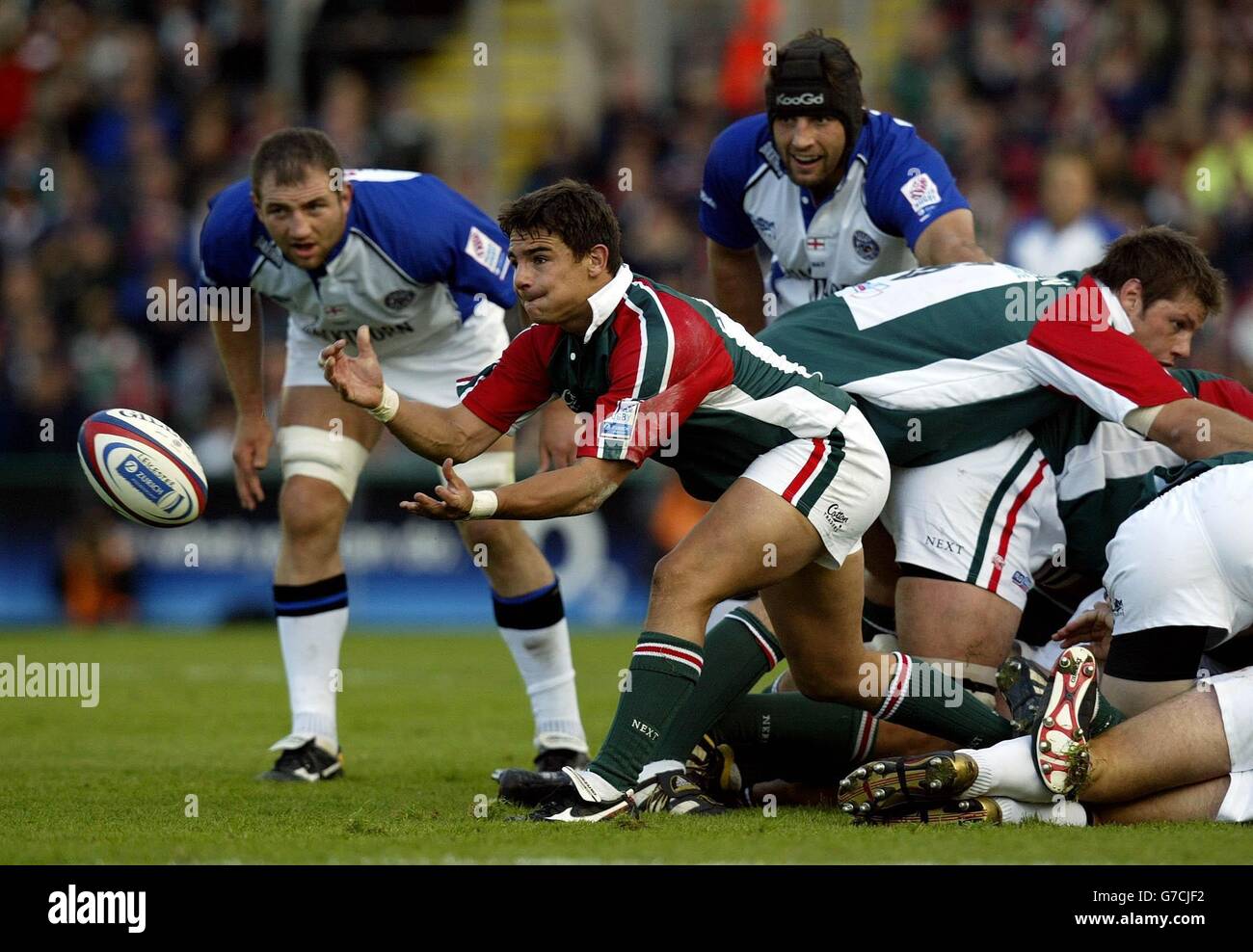 Leicester scrum half Harry Ellis gets his pass away during the Zurich ...
