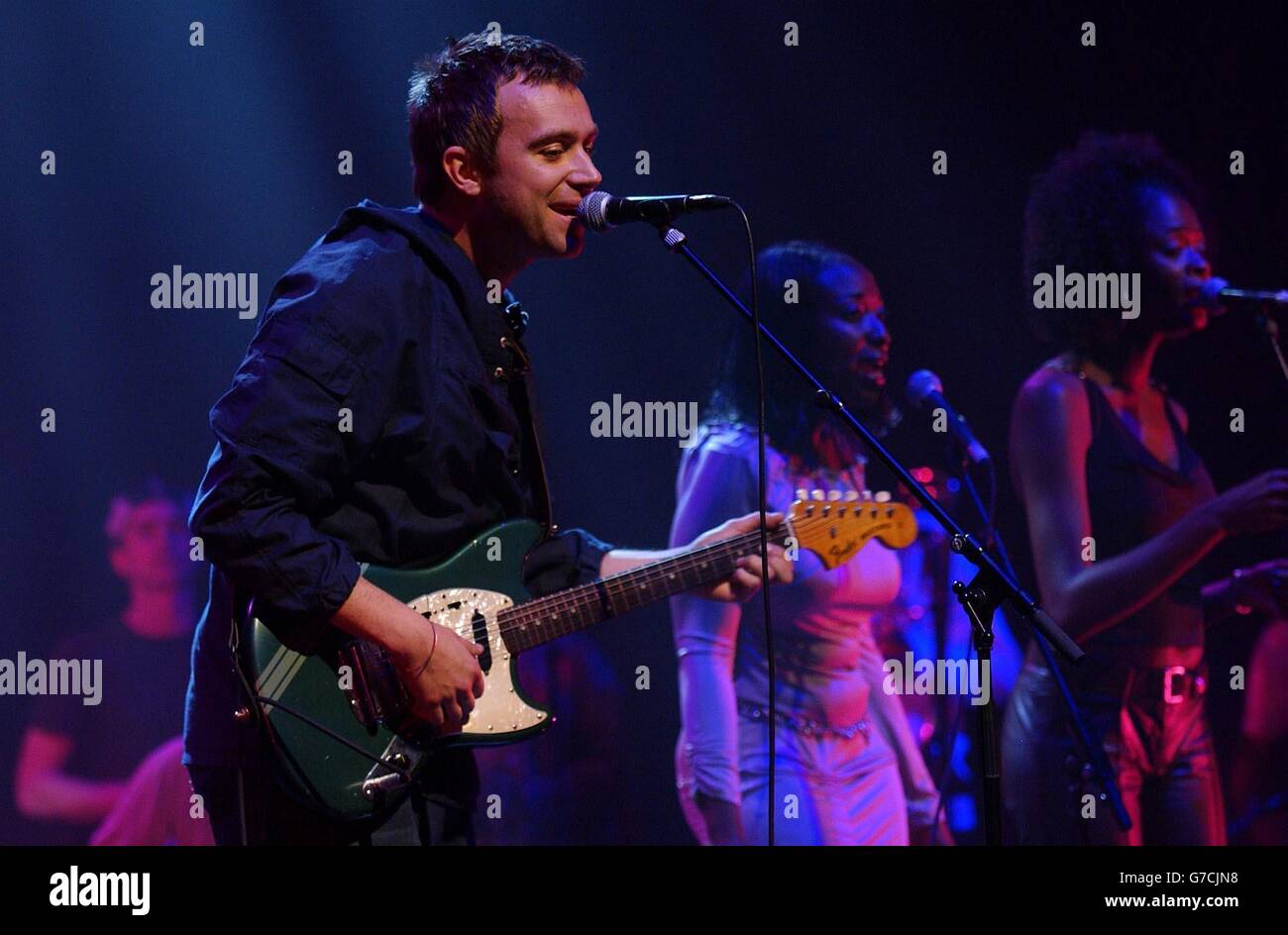 Lead singer of Blur Damon Albarn performs on stage as a special guest ...