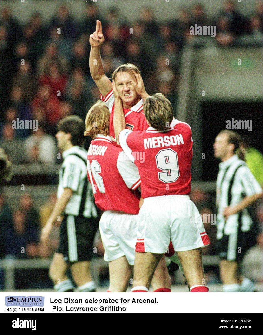 SOCCER- Newcastle v Arsenal. Lee Dixon celebrates for Arsenal Stock ...