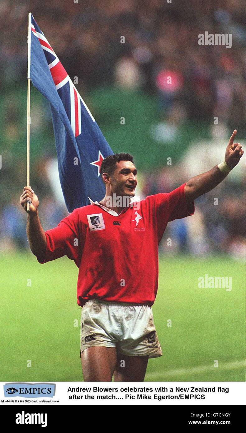Andrew Blowers celebrates with a New Zealand flag after the match Stock ...