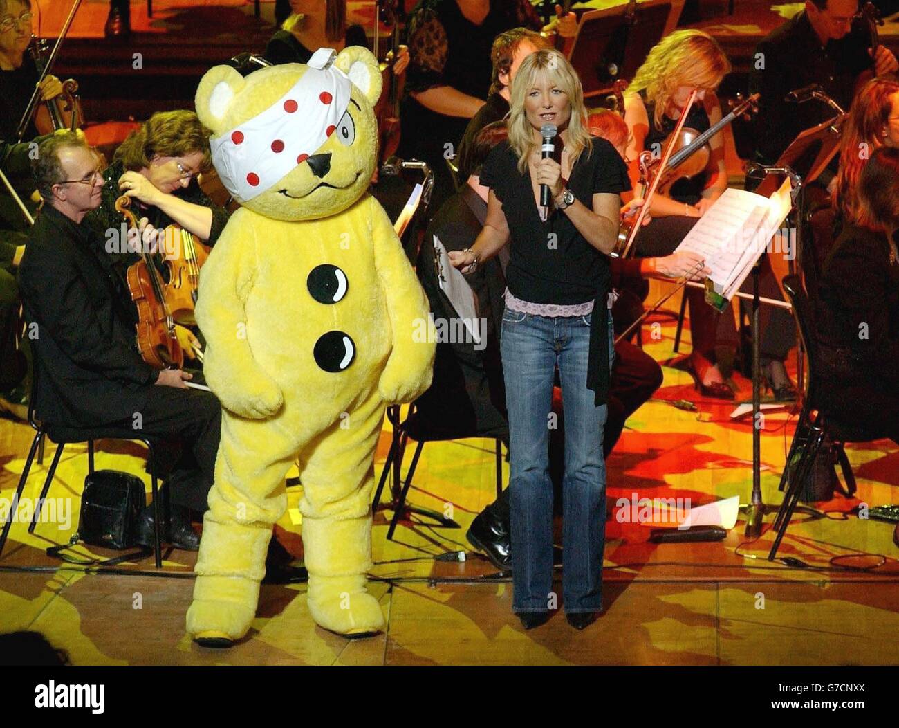 Children in Need mascot Pudsey the Bear joins host Gaby Roslin on stage ...