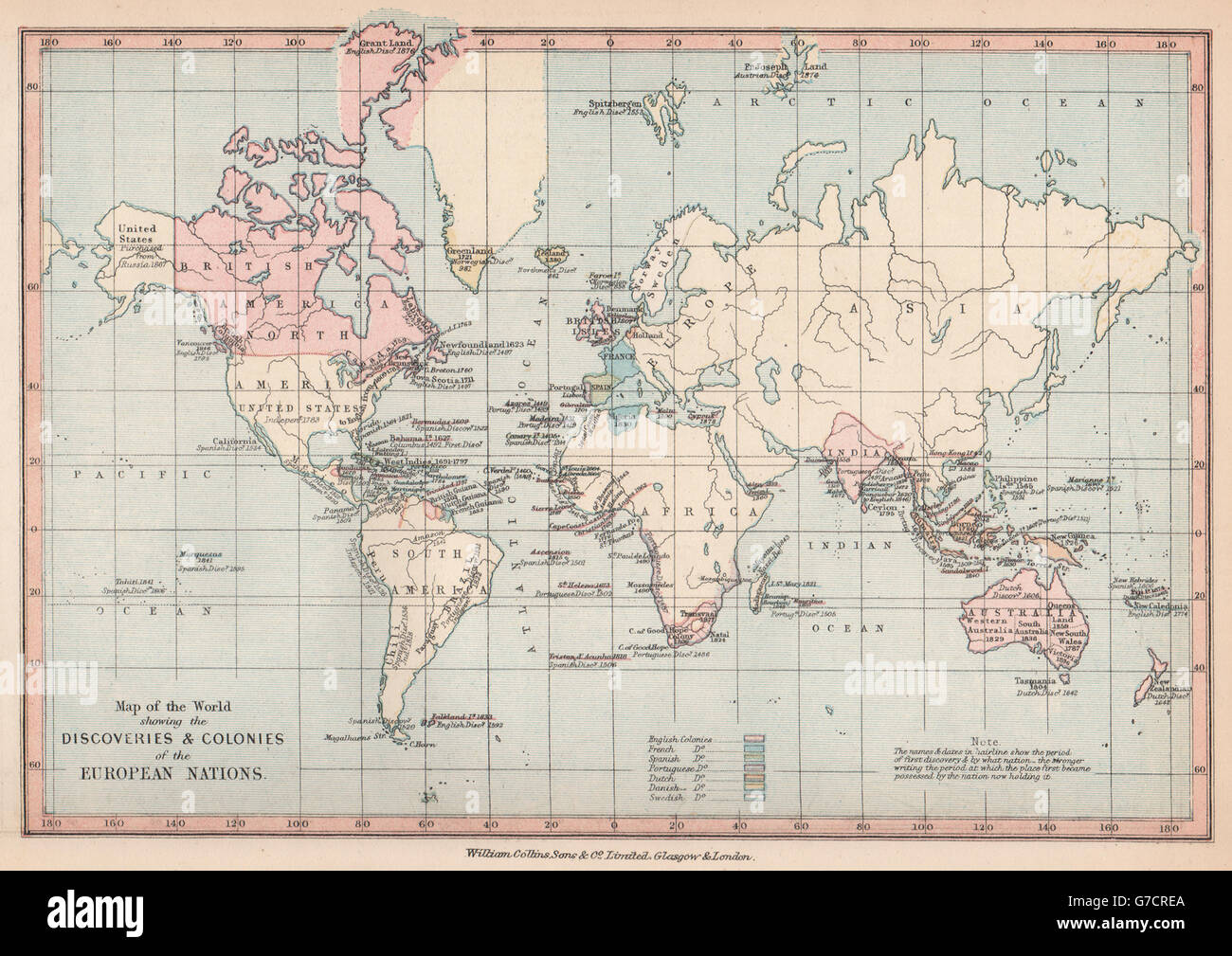 WORLD SHOWING EUROPEAN COLONISATION. British French Spanish Swedish &c ...