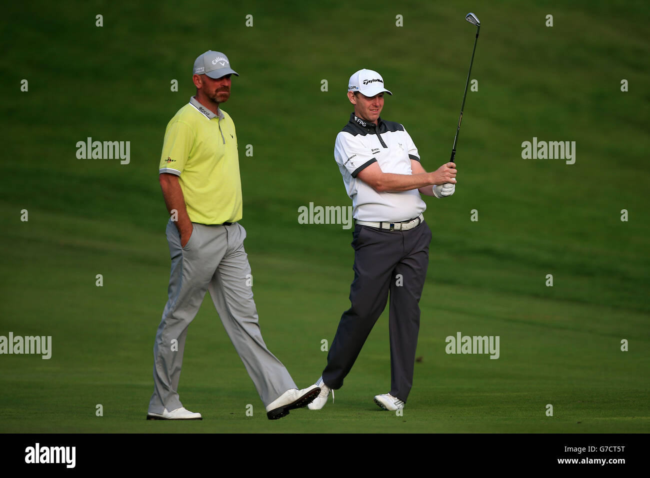 Scotland's Stephen Gallacher on the 18th fairway with fellow Ryder Cup ...