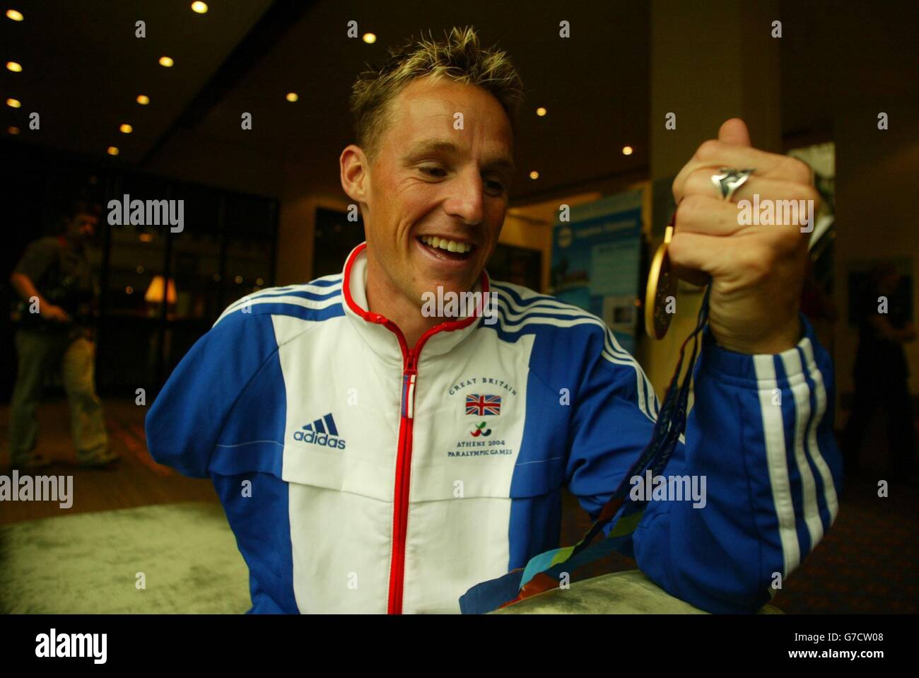 Danny Crates from Essex with his 800m gold medal, as he arrives back at ...